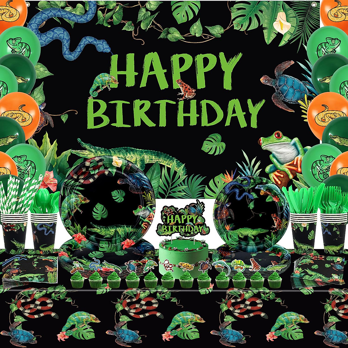 KEFAN Reptile Party Decorations, Wildlife Lizards Snakes Crocodiles Party Tableware Supplies including HAPPY BIRTHDAY Banner, Plates, Cups, Napkins, Tablecloth, Balloons (Backdrop)