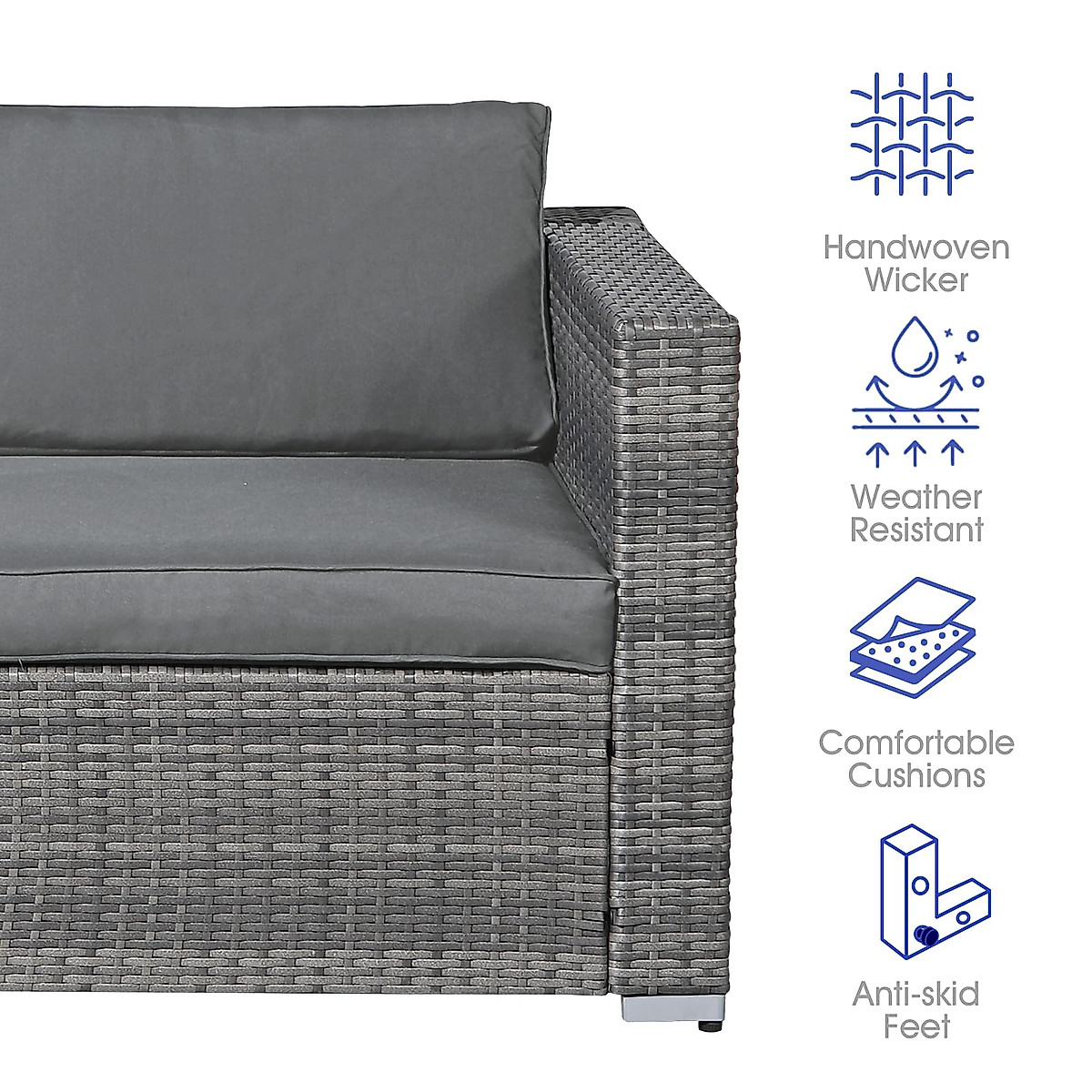 Patiorama Outdoor Wicker Loveseat 2 Pieces, All Weather Grey PE Rattan Sectional Corner Sofa Set, Additional Extra Chairs for Outdoor Sectional Sofa Set, Dark Grey Cushion