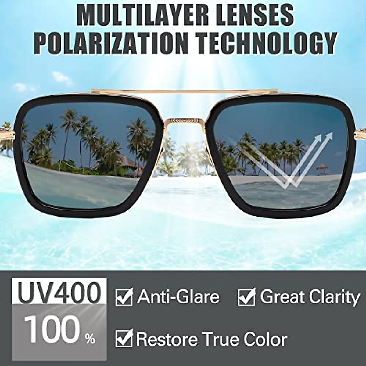 Polarized Retro Square Sunglasses Men Women Vintage Rectangular Metal Pilot Black Shades Eyeglasses