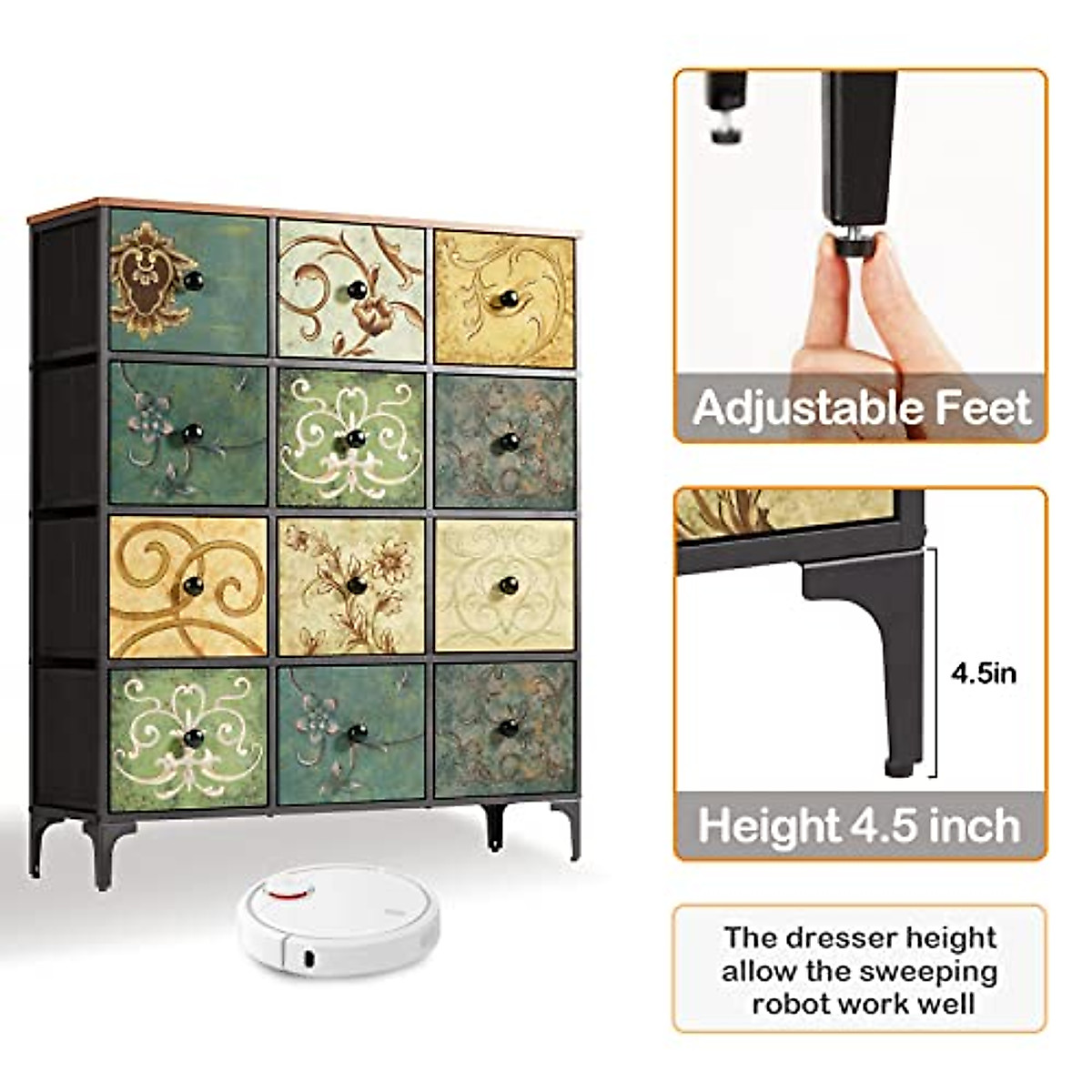 AOPSEN 12 Drawer Dresser, Tall Dressers for Bedroom with Storage Drawer, Wide Chest of Drawers for Bedroom, Wooden Top and Metal Frame, Modern Bedroom Dresser for Clothes Closet Kids Living Room