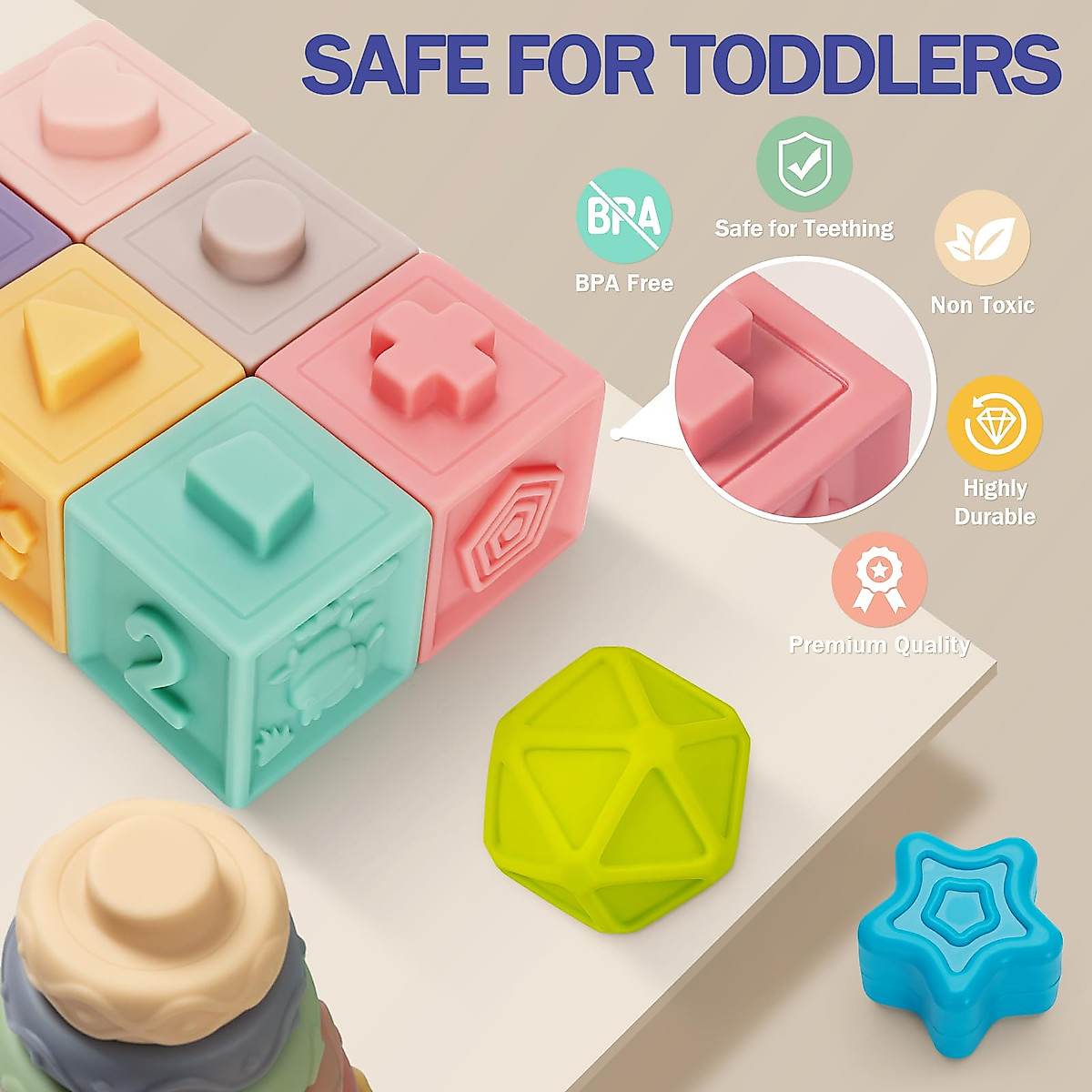 Baby Toys 6 to 12 Months, 5 In 1 Montessori Toys for 1 Year Old, Incl Travel Pull String Toy & Shape Sorter & Stacking Baby Block & Soft Infant Ring & Sensory Ball for Toddler 0-3-6-9-12 Month