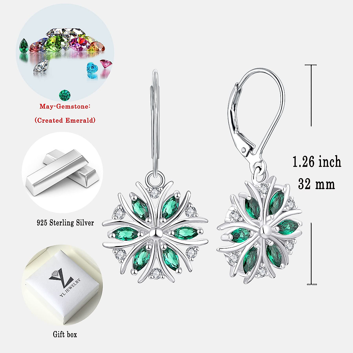 YL Snowflakes Earrings Sterling Silver Dangle Drop Earrings Created Emerald Leverback Jewelry for Women