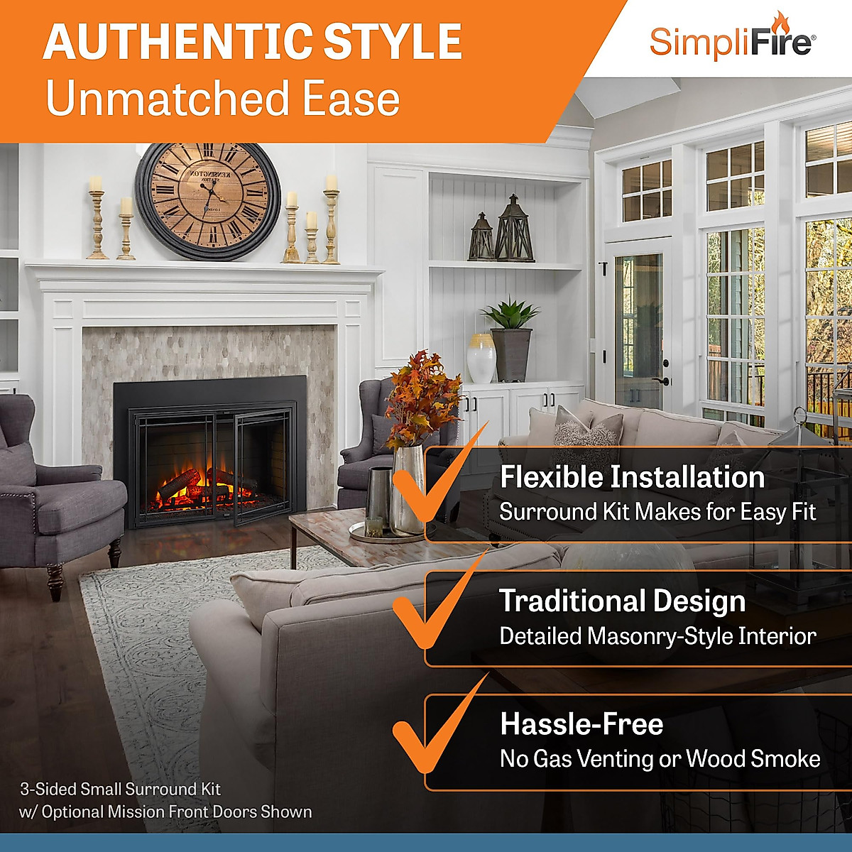 SimpliFire Electric Fireplace Insert, 35-Inch, Contemporary Front, Large Surround, Installs Into a Wood Fireplace Opening, Textured Logs, Multi-Function Remote with Timer, 1500W Heater