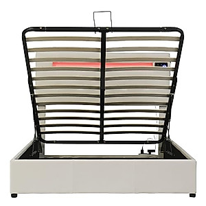 SIYSNKSI Modern Queen Size Upholstered Bed with LED Light and Integrated Bluetooth Audio System, Velvet Upholstered Platform Bed with Hydraulic Storage System and USB Port, Bedroom Furniture