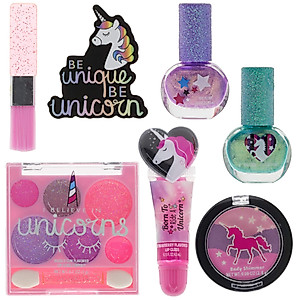 Townley Girl Unicorn Makeup Set with 8 Pieces, Including Lip Gloss, Nail Polish, Body Shimmer and More in Unicorn Bag, Ages 3+ for Parties, Sleepovers and Makeovers