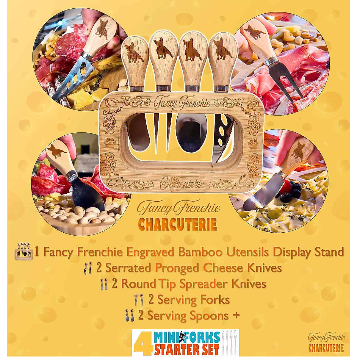 Frenchie The French Bulldog Cheese Board Deluxe Stainless Steel Utensils 12 Set, and Engraved Bamboo Display Stand, Cheese Knives, Forks, Spoons, Spreaders and Mini Forks, Fancy Frenchie Charcuterie