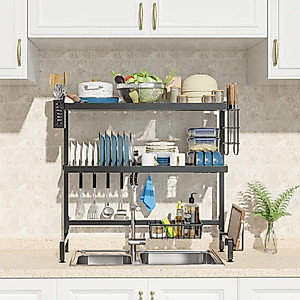 NETEL Over The Sink Dish Drying Rack, 3-Tier（25.6"） , Stainless Steel Dish Drainer with Cutting Board Holder, Large Dish Rack for Kitchen Counter Organizer Space Saver (Sink Size≤24inch, Black)