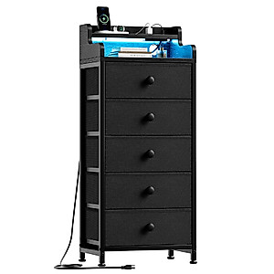 REAHOME Dresser for Bedroom with Charging Station and LED Lights, 5 Drawers Dresser Black Chest of Drawers with Shelves, Tall Night Stand with Sturdy Steel Frame & Wood Top for Bedroom - Black Grey