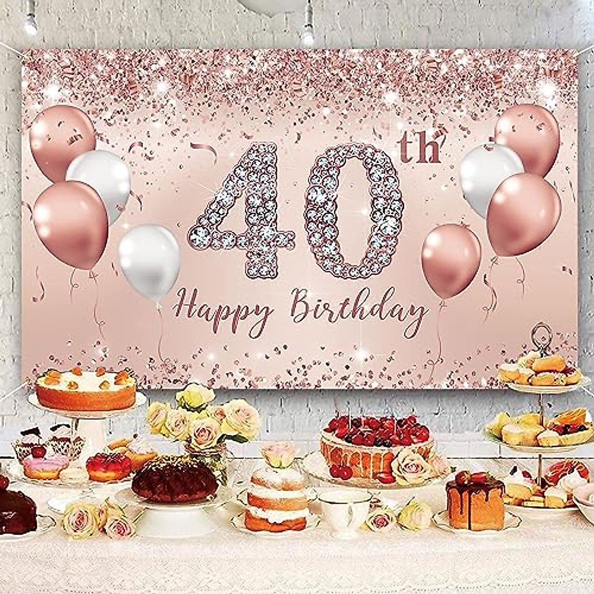 Trgowaul 40th Birthday Decorations for Women, Pink Rose Gold 40th Birthday Banner Backdrop 40 Birthday Party Decorations for Women Turnin 40, 40 & Fabulous Birthday Background Birthday Gift for her