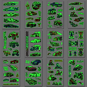 Ukicra Luminous Racing tattoo stickers,12 Sheets Race Car Temporary Tattoos for Kids,Waterproof Glow in The Dark Cartoon Tattoo Stickers Party supplies for Kids Boys Girls