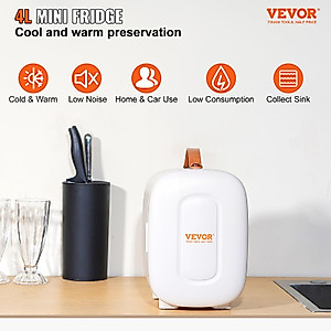 VEVOR Mini Skin Care Fridge, 4 L/6 Can Cute Makeup Fridge for Cosmetics Beverage Fruit Milk, AC/DC Cooler & Warmer, Mute Tiny Refrigerator for Bedroom Office Dorm Desk Car, ETL Certified, White