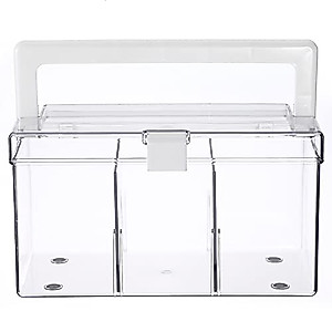 BTSKY Multipurpose Plastic Storage Box with Top Handle & Latch Lock- Portable Storage Box Sewing Box, Tool Box with 2 Removable Grids and Anti-slip Feet for Organizing Art Craft Supplies, Cosmetics, Stationary Supplies(Clear White)