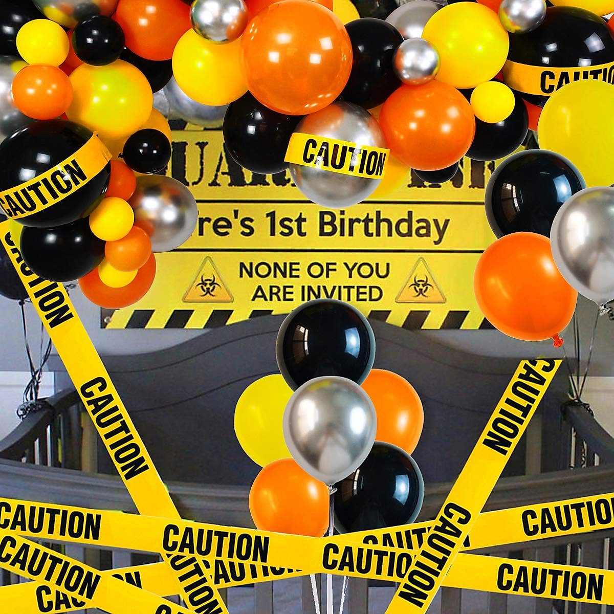 Quarantine Balloon Garland & Arch Kit, 74 Pack 12Inch 5Inch Black, Orange, Yellow, Silver Latex Balloons Strip Set with Caution Tape for Quarantine Birthday Party Decorations Construction