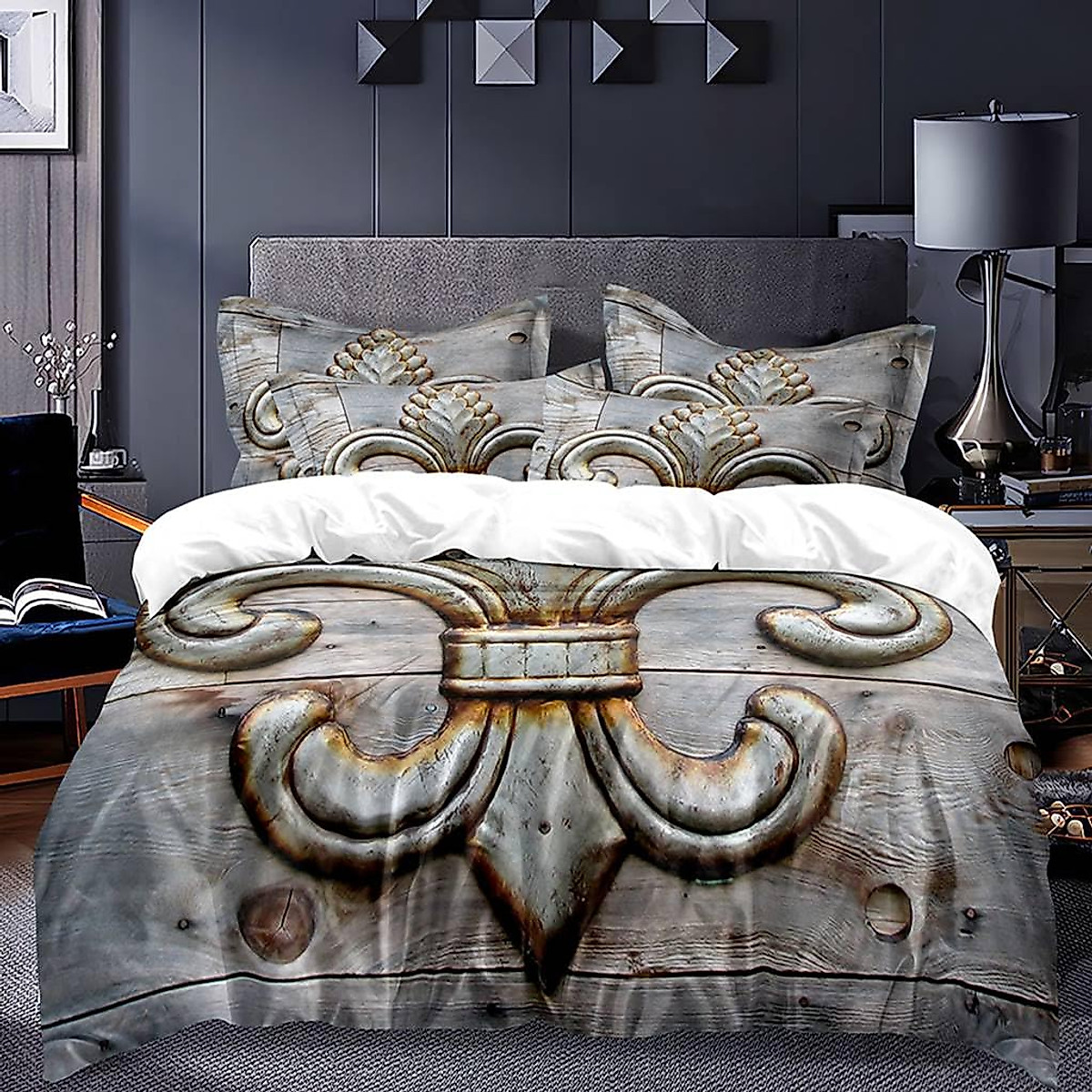 Flowers Fleur De Lis Duvet Cover Set King Include 1 Duvet Cover 2 Pillowcases Vintage Flower Iron Tin Antique Ornate Rustic Sign Wooden Comforter Cover Microfiber Soft Bedding Sets