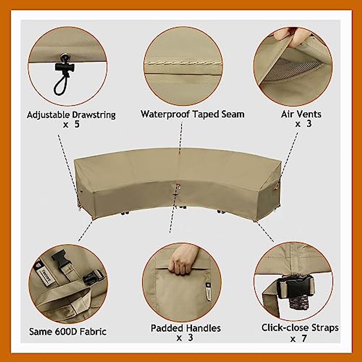 Flexiyard Curved Patio Furniture Cover for Outdoor Sectional Sofa, 190"(128") Reinforced Waterproof 600D Patio Sectional Couch Cover, Half Moon Lawn Outside Garden Furniture Winter Protective Cover