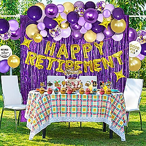 Sharonlily 84 Pcs Retirement Party Decorations for Women Men, Super Value Pack of Purple Gold Retirement Decoration Party Supplies, Happy Retirement Banner, Balloon Garland Arch, Fringe Curtains, etc.