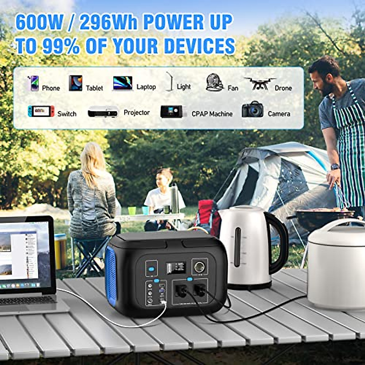Portable Power Station 600W Power Bank 296Wh Solar Generator Lithium Battery Portable Generator Fast Charging with LED Light Battery Pack 9 Outputs Power Supply for Home Camping Emergency Backup