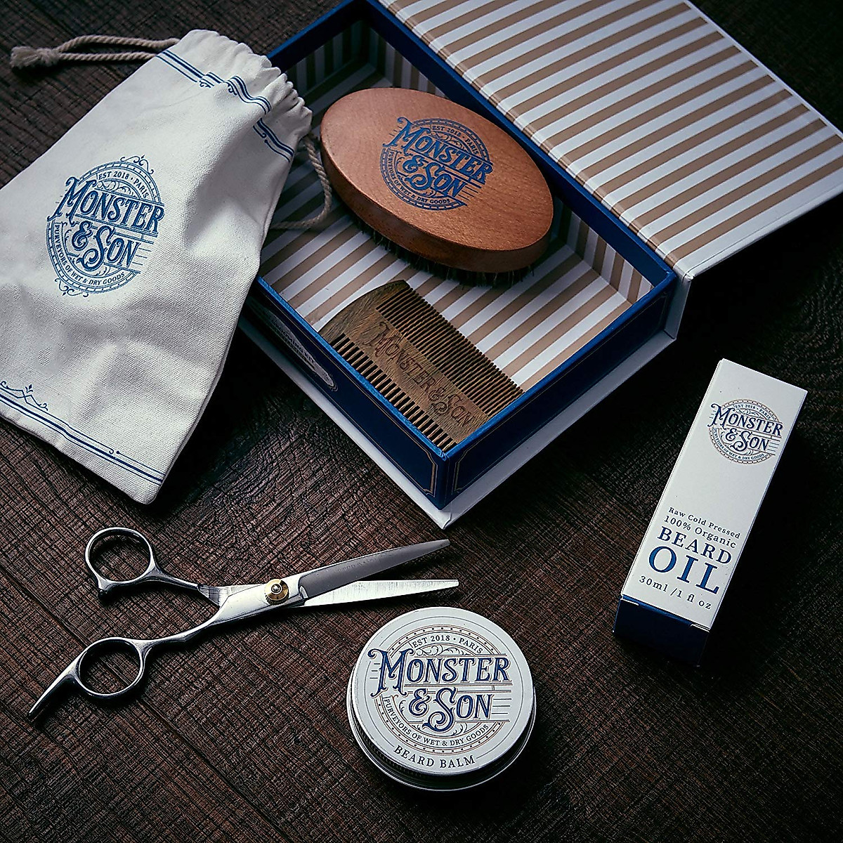 Monster&Son Premium 7-Item Organic Beard Kit - Beard Oil, Beard Balm, Beard Brush, Beard Comb, Scissors, Canvas Travel Bag - Male Grooming Kit in Gift Box - Great Mens Birthday Gift - Father's Day