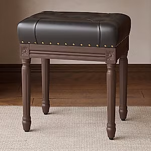 Vanity Stool, 19" Ottoman Bench for Bedroom, Tufted Vanity Chair for Makeup Room, Faux Leather Ottoman Stool with Vintage Wooden Frame, Small Bench for Living Room Dining Room, Foot Stool Foot Rest