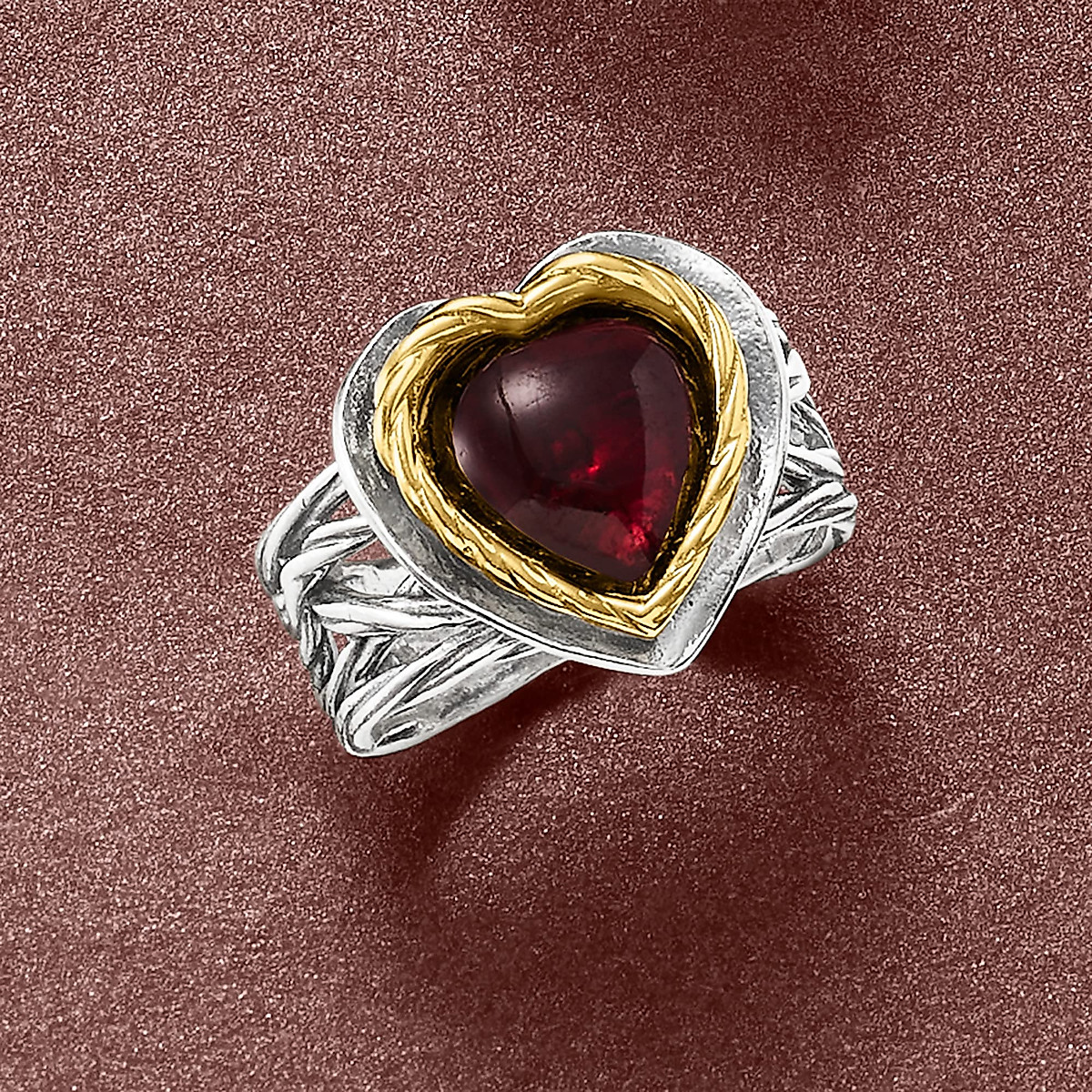 Ross-Simons 4.00 Carat Garnet Heart Ring in Sterling Silver and 14kt Yellow Gold. Size 9