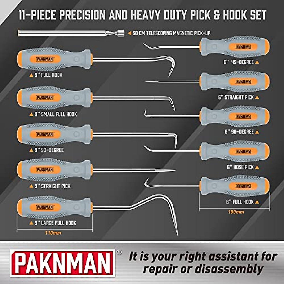 PAKNMAN 11-Piece Precision Pick and Hook Set, Heavy Duty Pick & Hook Set for Automotive