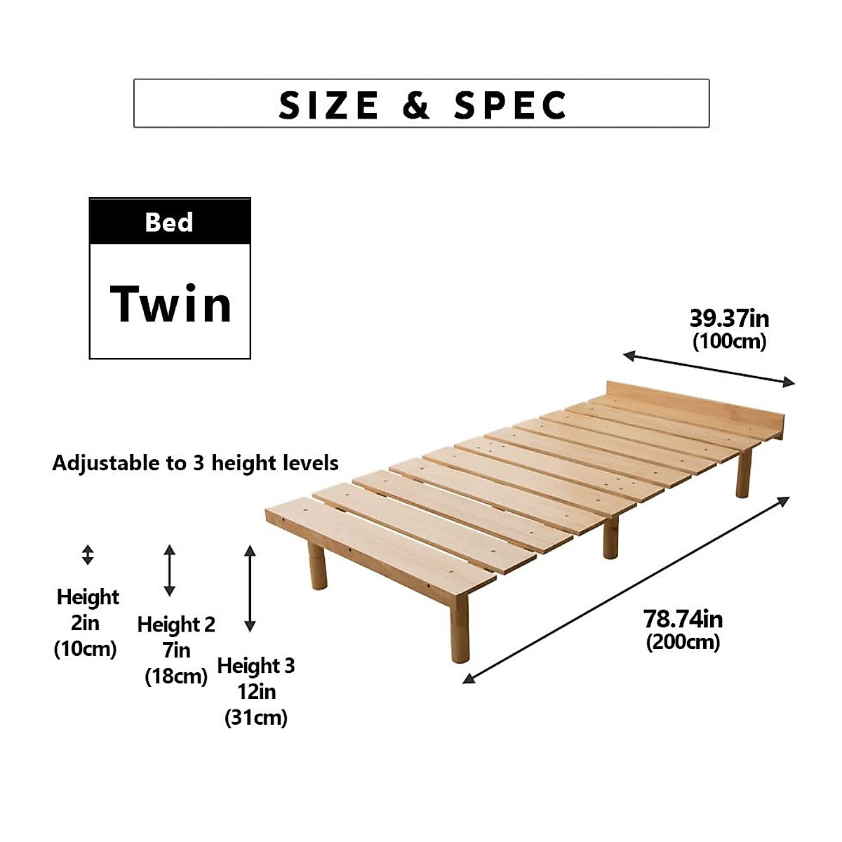 EMOOR Wood Slatted Floor Bed Frame OSMOS Twin for Japanese Futon Mattress Solid Pine (Retro-Brown), Height Adjustable (2/7/12in) Tatami Mat