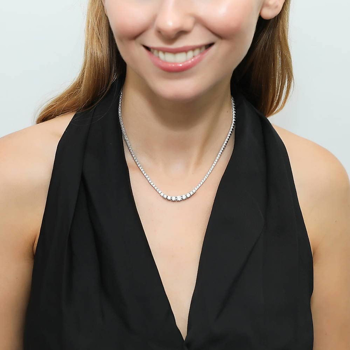 BERRICLE Sterling Silver Graduated Cubic Zirconia CZ Statement Tennis Necklace for Women, Rhodium Plated