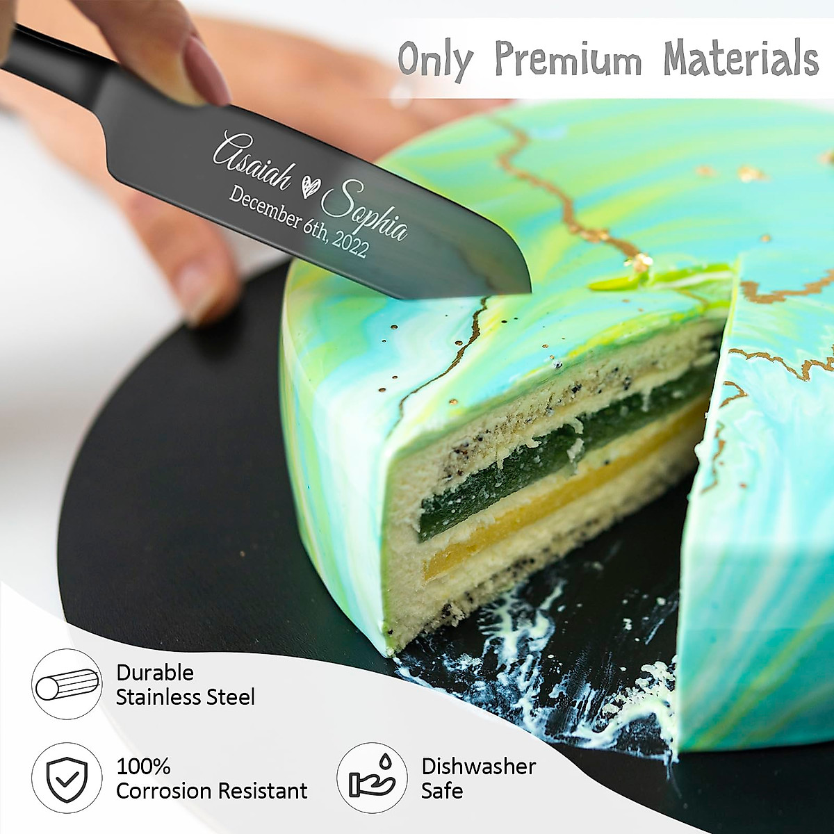 Atdesk Personalized Cake Cutting Set for Wedding, Stainless Steel Cake Knife and Server Set, Cake Cutter and Pie Server for Wedding, Birthday, Anniversary, Graduation Gift (Black)