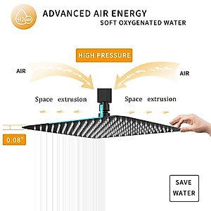 High Pressure Shower Head GGStudy Square Black Shower Head 16 Inch Large Stainless Steel Shower Heads Ultra Thin Rainfall Bath Shower 1/2 Connection