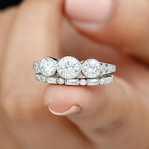 3.25 CT Moissanite Wedding Ring Set, Three Stone Moissanite Ring Set for Women, Gold Moissanite Bridal Ring Set, Certified Moissanite Ring Set, 14K White Gold, Size:US 9.00