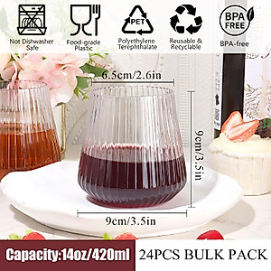 tchrules 24 Pack Plastic Ribbed Wine Glasses, 14oz Stemless Disposable Wine Cups, Clear Unbreakable Outdoor Cocktail Glasses, Heavy Duty Reusable Plastic Drinking Cups for Party Wedding Mimosa Bar