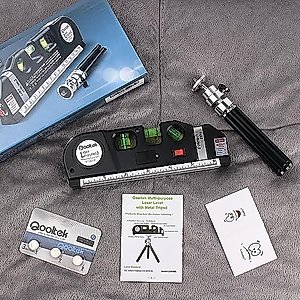 Laser Level, Qooltek Multipurpose Cross Line Laser 8 feet Measure Tape Ruler Adjusted Standard and Metric Rulers for hanging with Metal Tripod Stand(Black)
