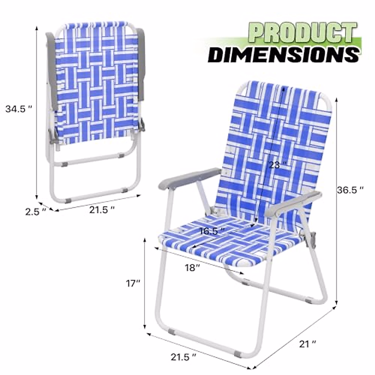 Magshion Folding Webbed Lawn Beach Chair for Adults, Lightweight Steel Frame, Portable Outdoor Camping Chairs for Fishing, Patio, Yard & Garden, Support to 250 lbs (2-Pack, Blue)