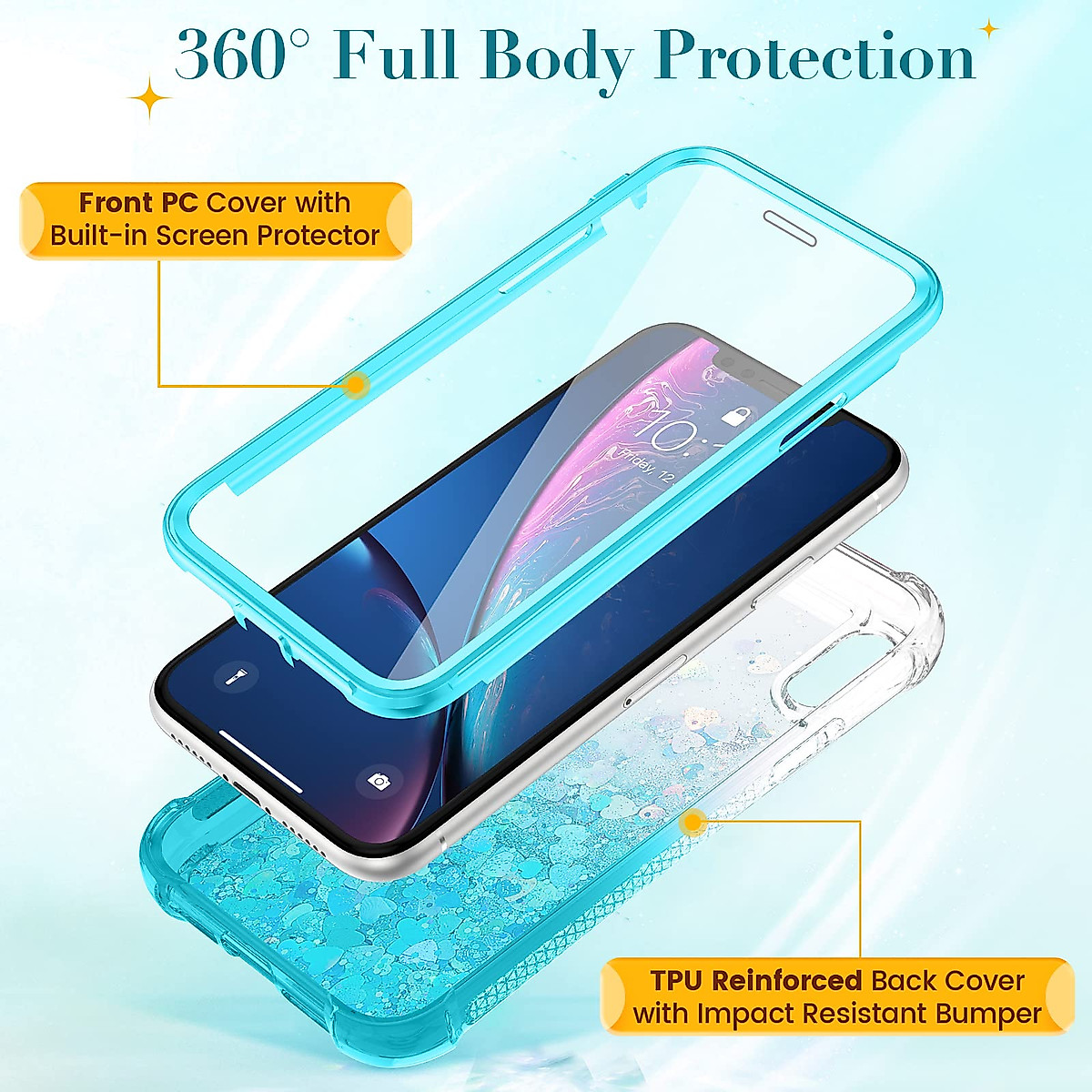 Ruky for iPhone XR Case, Glitter Clear Full Body Rugged Liquid Cover with Built-in Screen Protector Shockproof Protective Women Case for iPhone XR Cases 6.1 inches 2018 (Gradient Teal)