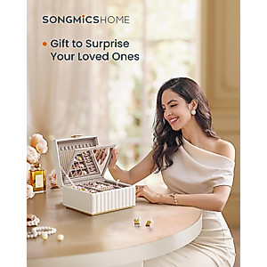 SONGMICS HOME ANAH Collection - 2-Tier Jewelry Box with Mirror, Jewelry Organizer, Removable Tray, PU Surface with Stitching, Floating Effect, 8.5 x 9.4 x 5.3 Inches, Christmas Gift, Cloud White