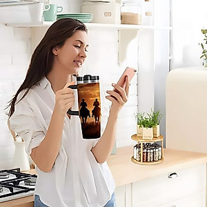 Flradish 30oz Tumbler with Handle, Desert Troops Cowboy under Sunset Stainless Steel Tumbler with Lid and Straws Double Wall Vacuum Insulated Leakproof Coffee Travel Mug