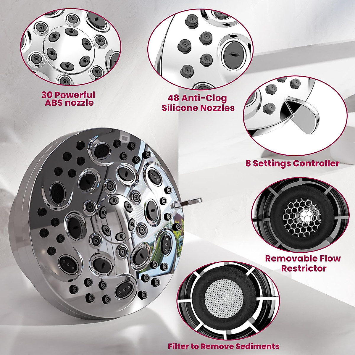 Surpzon Filtered Shower Head, High Pressure Shower Heads with Filter for Hard Water, Rainfall Shower Head of Replaceable Showerhead Filter, Luxury 8 Settings Adjustable Water Softener Shower Head