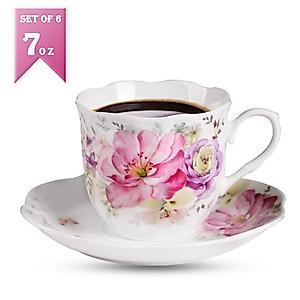 GuangYang GY 12 PCS Tea Set - 7oz New Bone China tea Cups and Saucers with Pink Flower Pattern Porcelain Cups for Mocha Cappuccino Tea and coffee