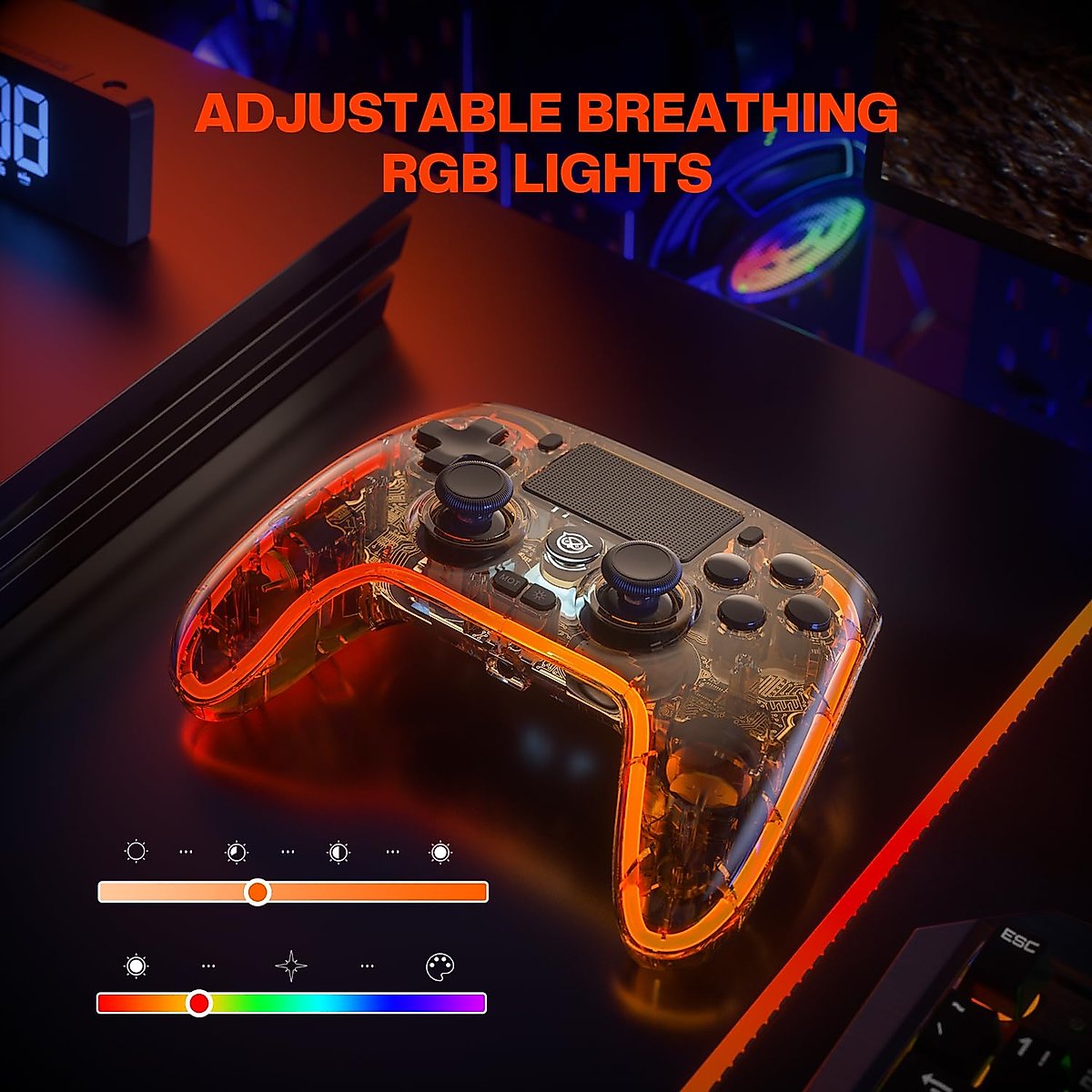 NYXI Wireless Controller for PS4, Hall Effect Joysticks Triggers, Transparent Controller with Breathing RGB Light, Programmable Buttons, 3.5mm Audio Jack Compatible with PS4/PC/iOS/Android