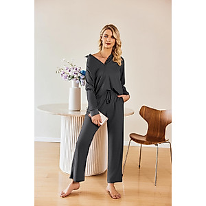 Ekouaer Waffle Knit Pajamas Set for Women 2 Piece Outfits Long Sleeve Button Top and Wide Leg Pant with Pockets Loungewear Dark Grey M