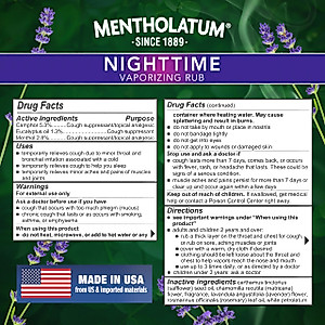 Mentholatum Nighttime Vaporizing Rub with soothing Lavender essence, 1.76 oz. (50 g) - 100% Natural Active Ingredients for Maximum Strength Cough Relief,5326
