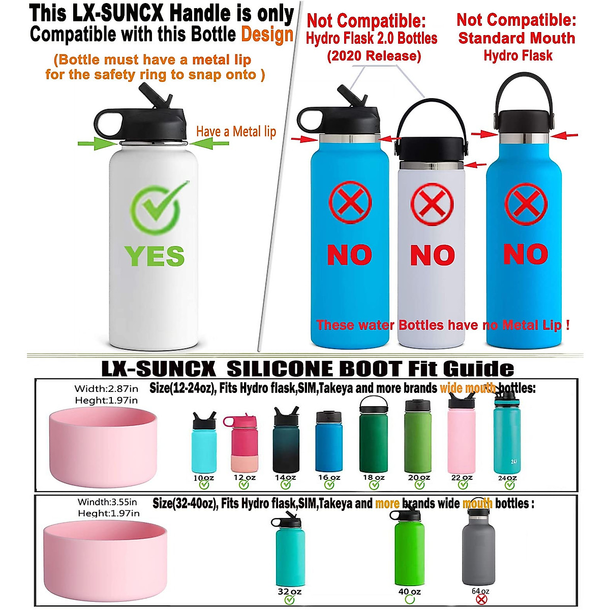 LX-SUNCX Paracord Handle and Silicone Sleeve Boot Compatible with Hydro Flask Wide Mouth Water Bottle (Pearly pink/pink, 32oz-40oz)