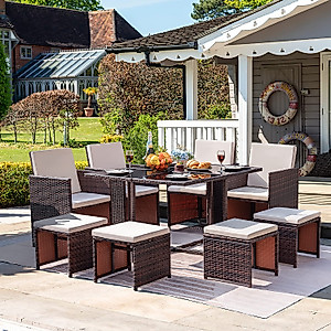 Homall 9 Pieces Dining Outdoor Furniture Patio Wicker Rattan Chairs and Tempered Glass Table Sectional Conversation Set Cushioned with Ottoman (Brown)