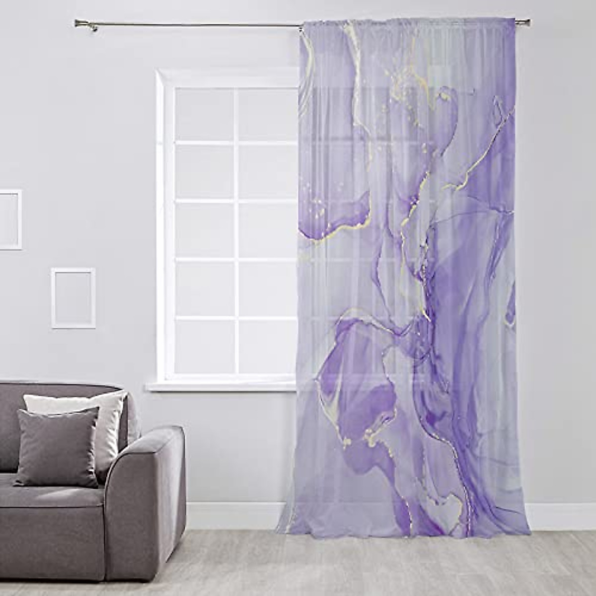 Chiffon Sheer Curtains & Drapes 45 Inch Long, Lightweight Breathable Voile Window Curtain Panels Purple Marble with Gold Glitter Splatter Curtains Backdrop Drapes for Bedroom Livingroom Wedding