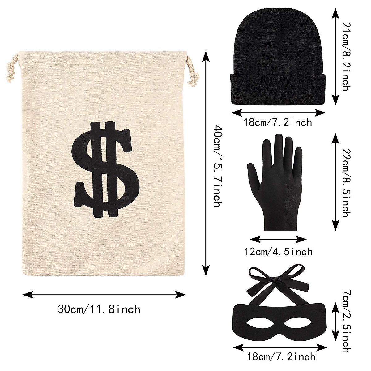 YAROMO 4 Pieces Robber Costume Set, Include Canvas Dollar Sign Money Bags Bandit Eye Mask Knit Beanie Cap for Halloween Cosplay Burglar Theme Party