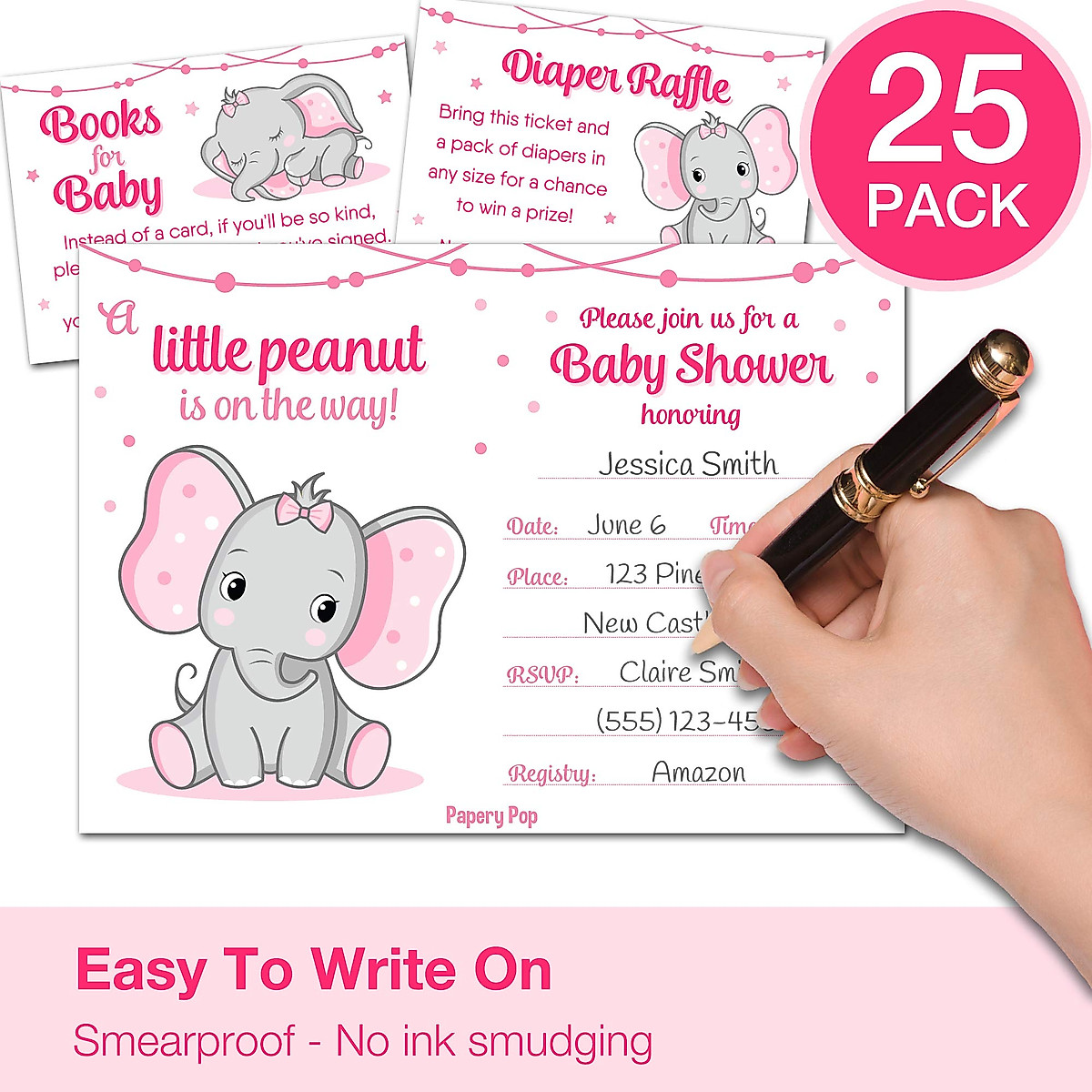 Set of 25 Baby Shower Invitations for Girl with Enveloppes, Diaper Raffle Tickets and Baby Shower Book Request Cards - Elephant