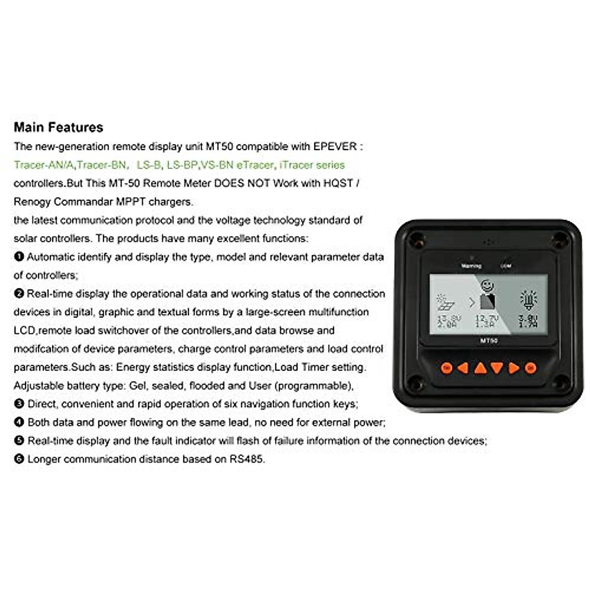 MPPT Charge Controller 60A Solar Charger Controller + Remote Meter MT50 + RTS 48V/36V/24V/12V Auto with Backlight LCD Display Solar Controller for Solar Power Battery Charging Regulator System