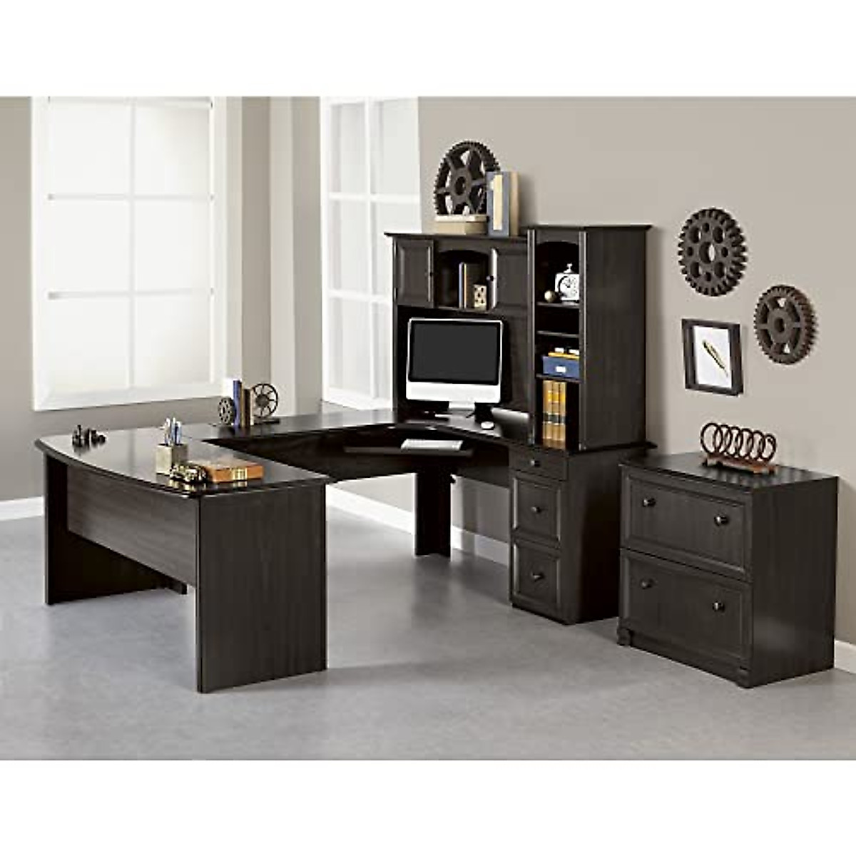 Realspace® Broadstreet 65"W U-Shaped Executive Desk, Walnut