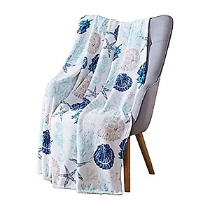 Ocean Life Coastal Throw Blanket: Soft Plush Velvet Fleece Calming Hues of Blues Beige on White, Accent for Sofa Couch Chair Bed or Dorm (Coastal Shells)