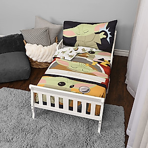 Expressions 3 Piece Toddler Bedding Set Baby Yoda Mandalorian Standard Crib Bedding Set, Includes Soft Microfiber Reversible Comforter, Fitted Sheet, Pillowcase for Kids (Official Star Wars Product)